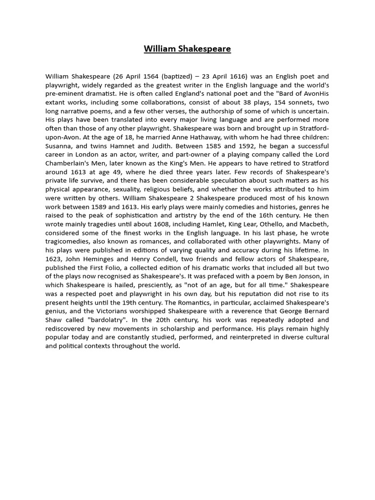 William Shakespeare Essay | PDF | William Shakespeare