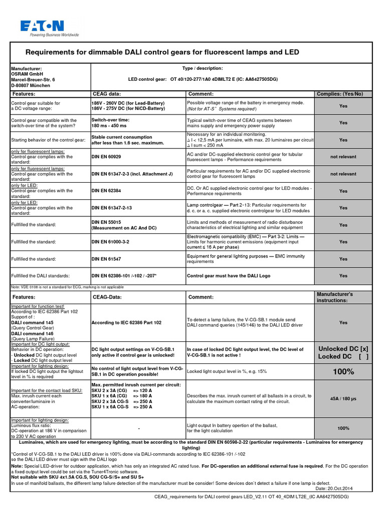 EATON (CEAG) - Requirements For DALI Control Gears LED V2.11 OT 40 4DIM ...