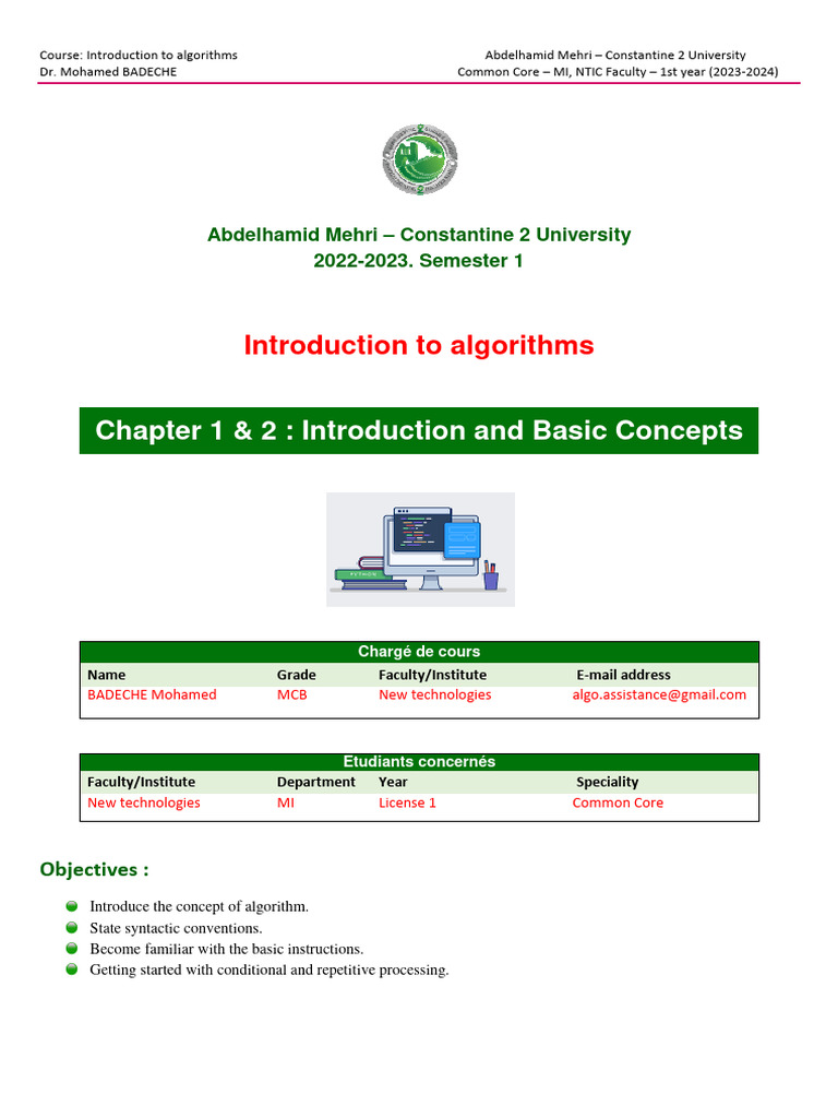 Course Algo Ch1 Ch2 Part1 2023 Cne2 Pdf Programming Computer Program 