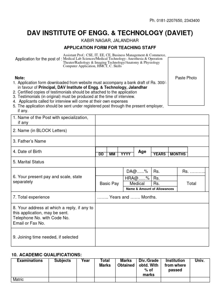 Teaching Staff Application Form | PDF