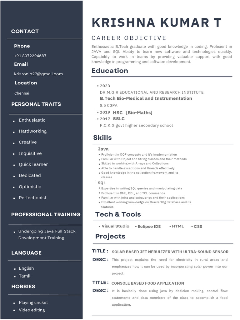 Krishna Kumar Resume | Download Free PDF | Sql | Java (Programming Language)