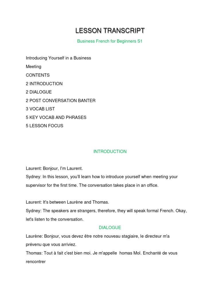 Business French Trancript Lesson | PDF | Grammar | Syntax