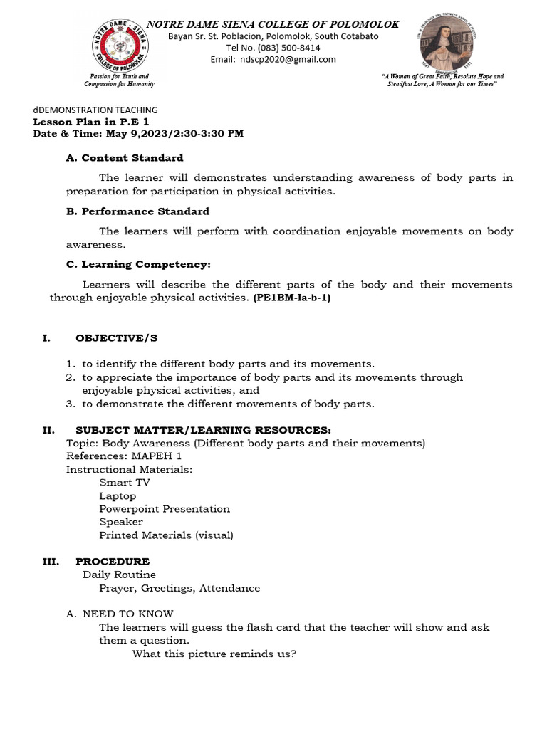 Lesson Plan Pe 1 | PDF | Lesson Plan | Learning