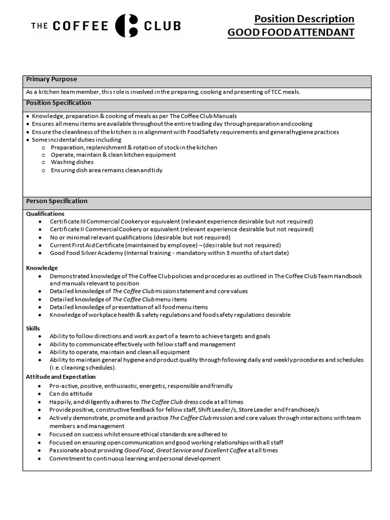 Good Food Attendant - Position Description | PDF | Kitchen | Cooking