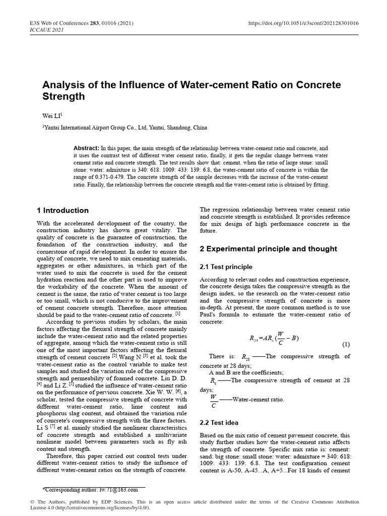 Water-Cement Ratio Impact on Concrete Strength | PDF | Concrete | Cement