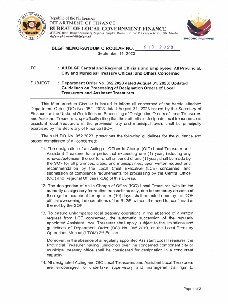 BLGF - MC No. 013.2023 - DO No. 052.2023 Dated August 31, 2023 - 11 Sep ...