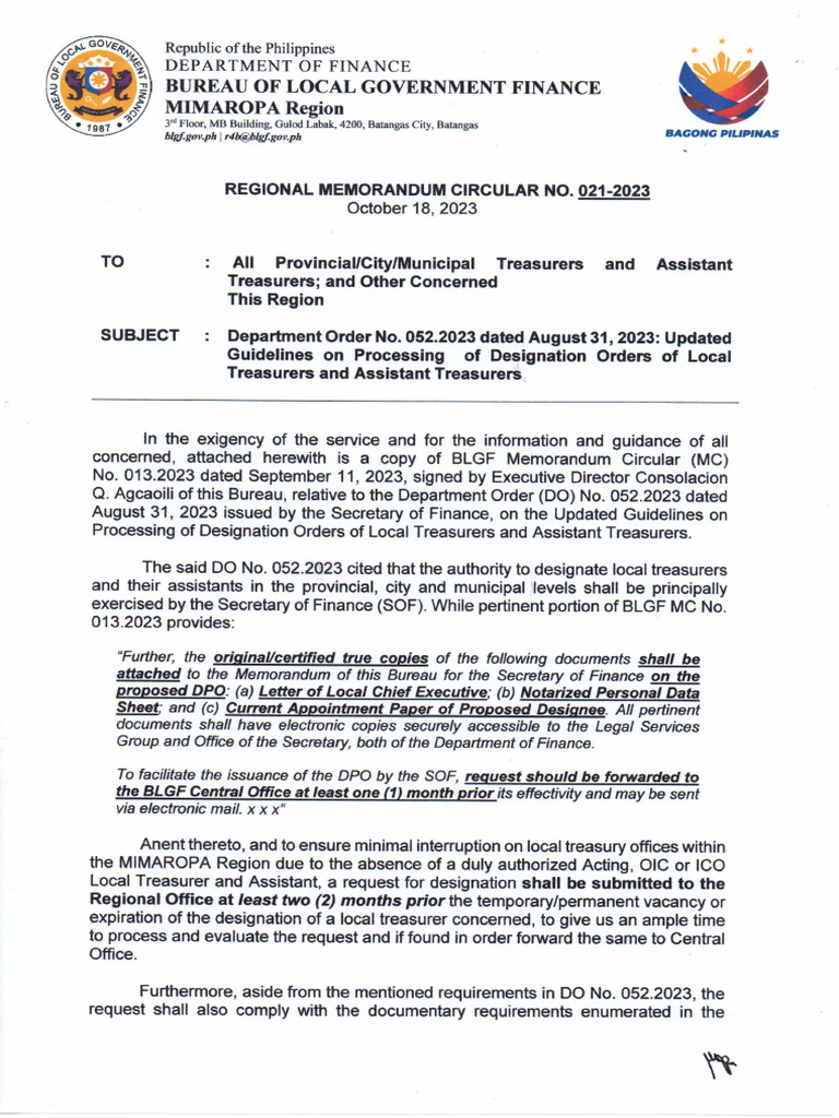 BLGF4B - RMC 021-2023 - Updated Guidelines in Processing of Designation Orders of Local ...