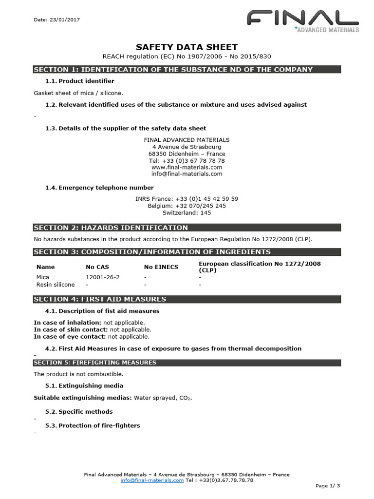 EN18001 - SDS - Mica - Silicone Gasket Sheet | PDF | Physical Sciences ...