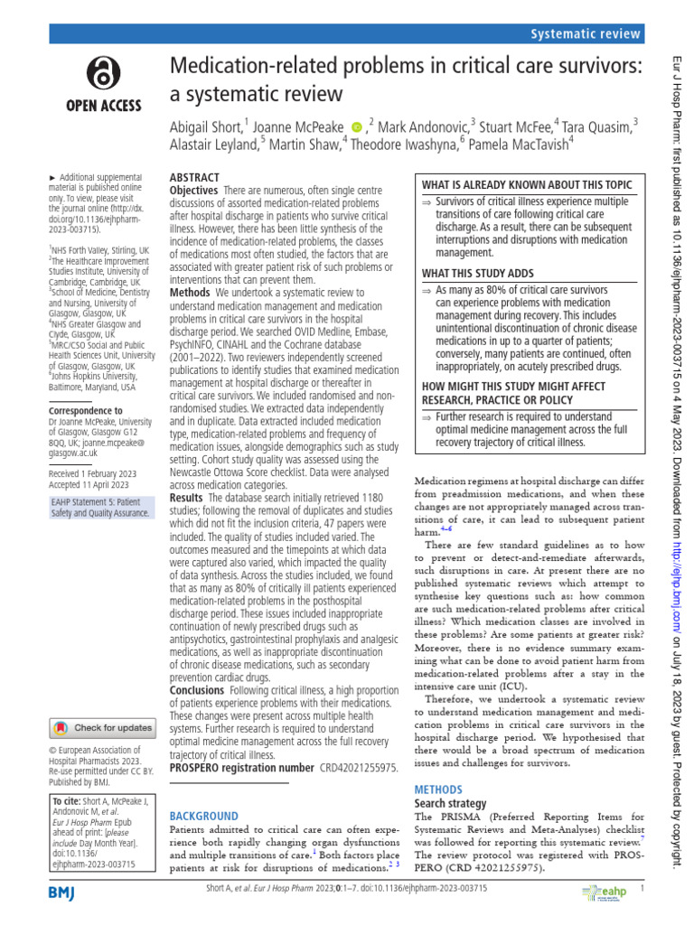 Medication-Related Problems in Critical Care Survivors - A Systematic ...
