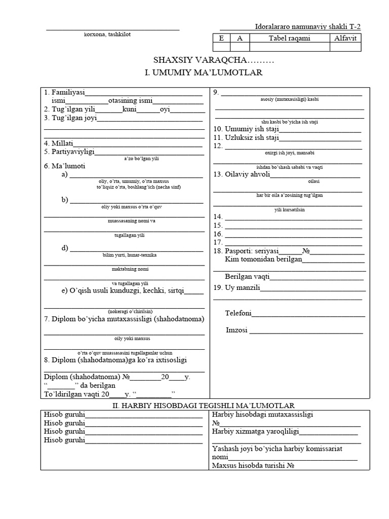 Shaxsiy Varaqcha I. Umumiy Ma'Lumotlar: Orxona, Tashkilot | PDF