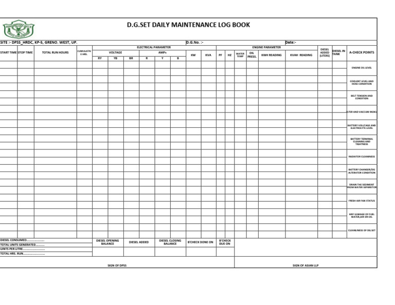 DG Log Book Cum Check List | PDF | Diesel Engine | Electricity