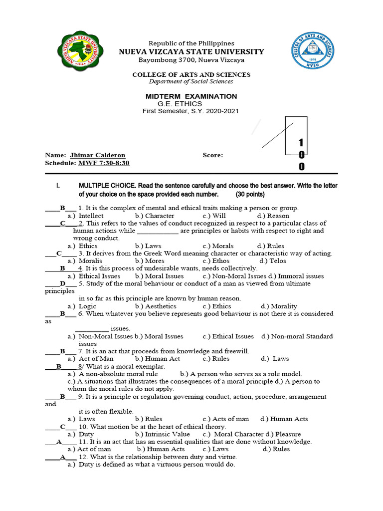 Toaz - Info Midterm Exam in Ge Ethics PR | PDF | Morality | Virtue