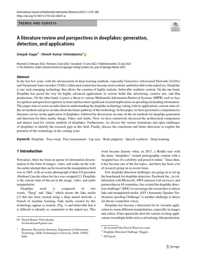 A Literature Review and Perspectives in Deepfakes: Generation, Detection, and Applications | PDF ...