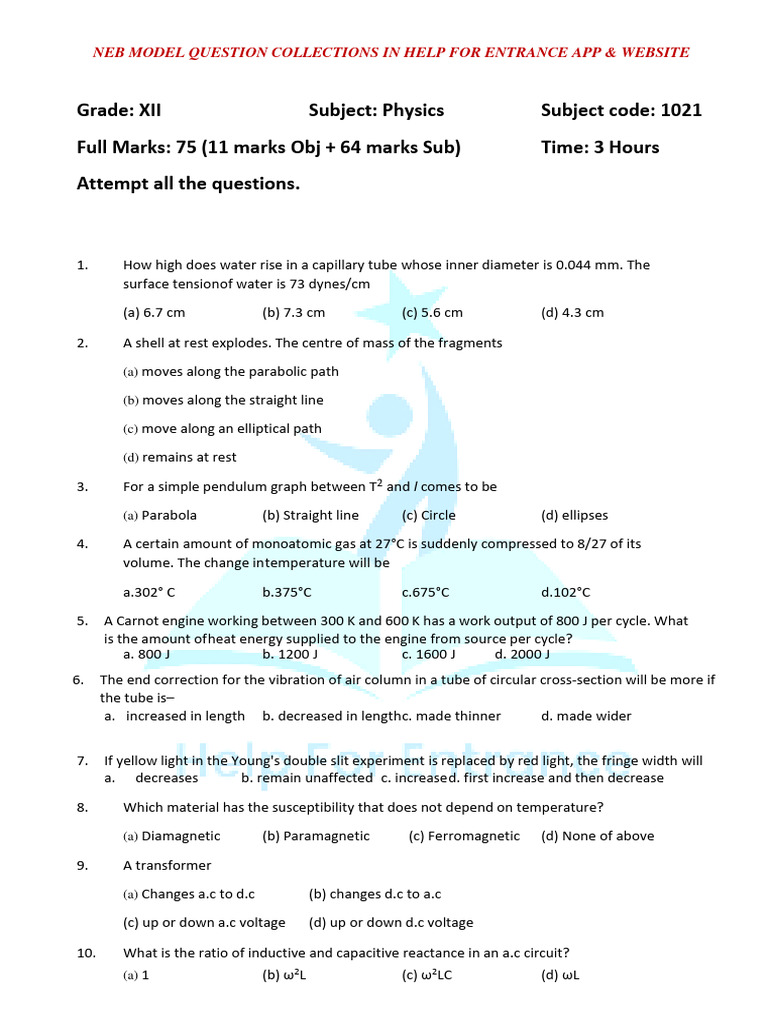 Physics Set 8 | PDF | Inductor | Inductance