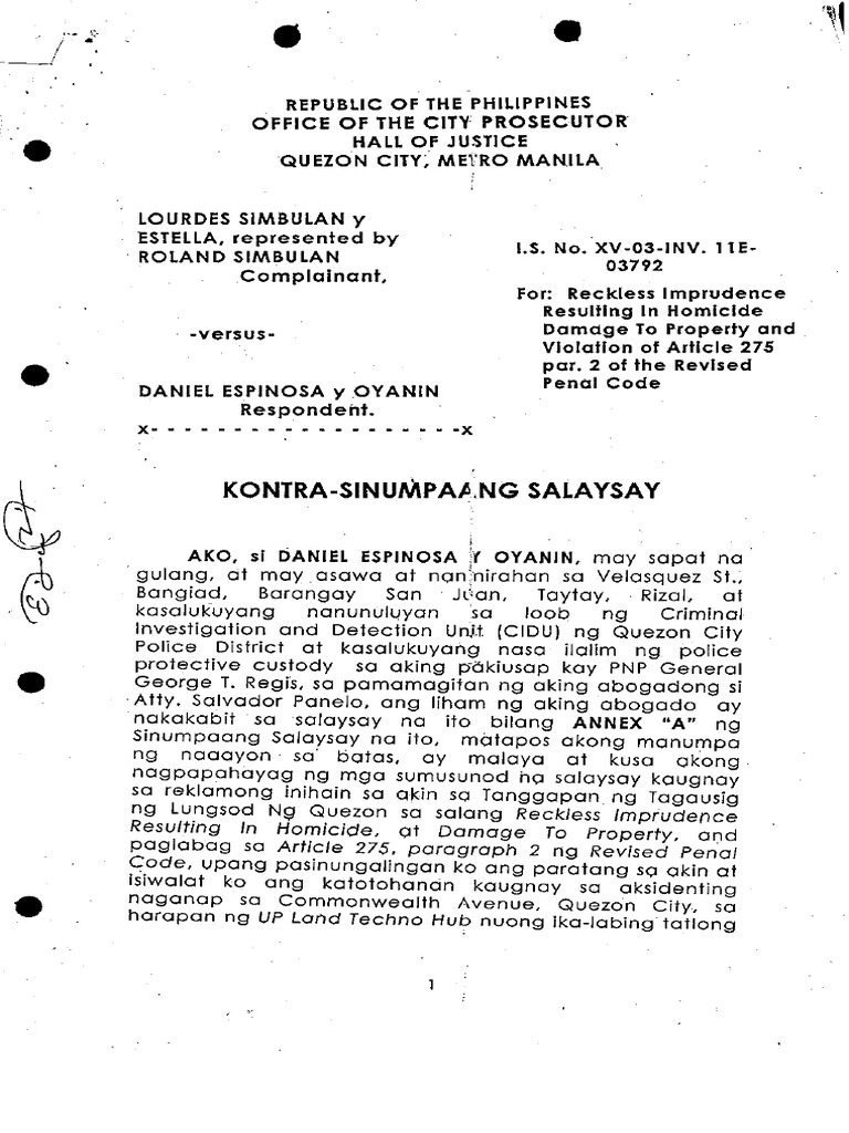 Kontra-Sinumpaang Salaysay (Daniel Espinosa) | PDF