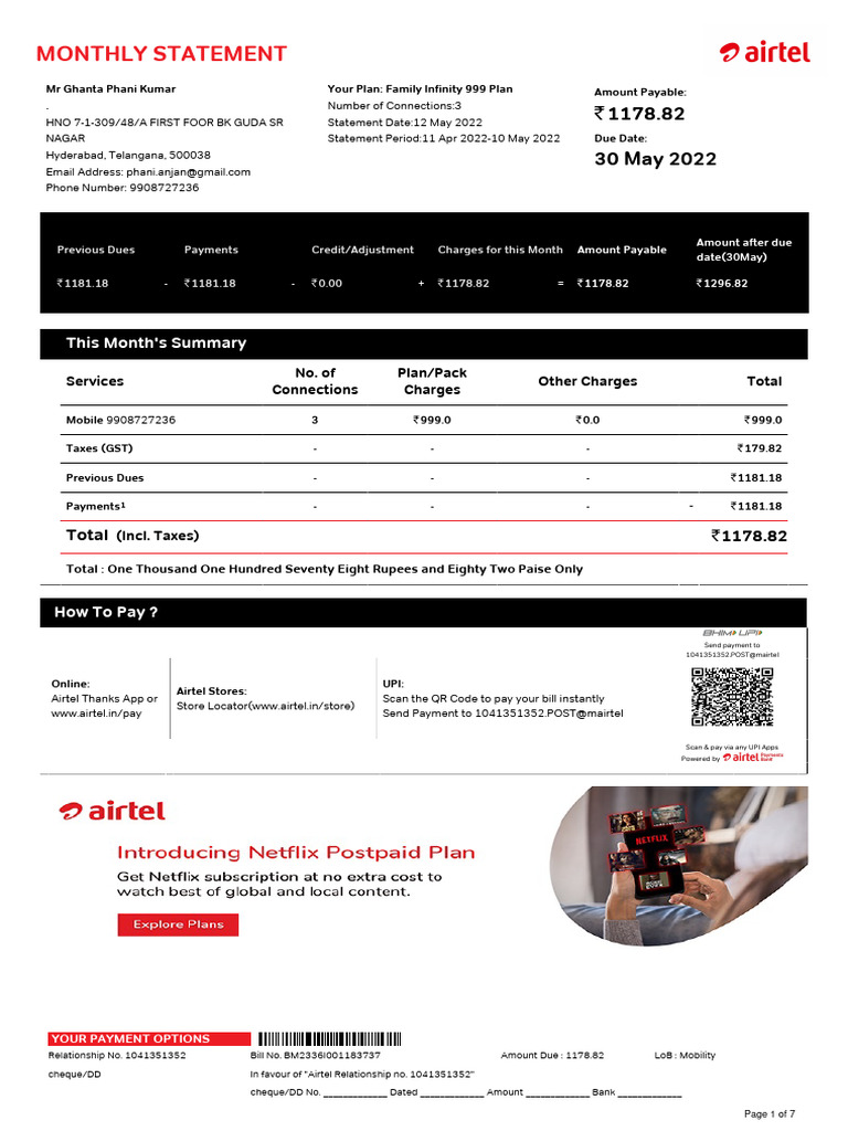 Airtel Monthly Statement for May 2022 | PDF | Cheque | Payments