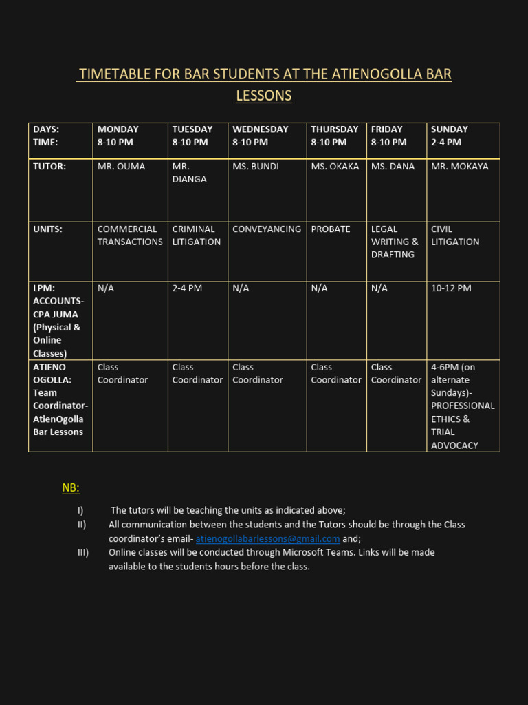 Final Revised Timetable For Kenya Bar Lessons | PDF