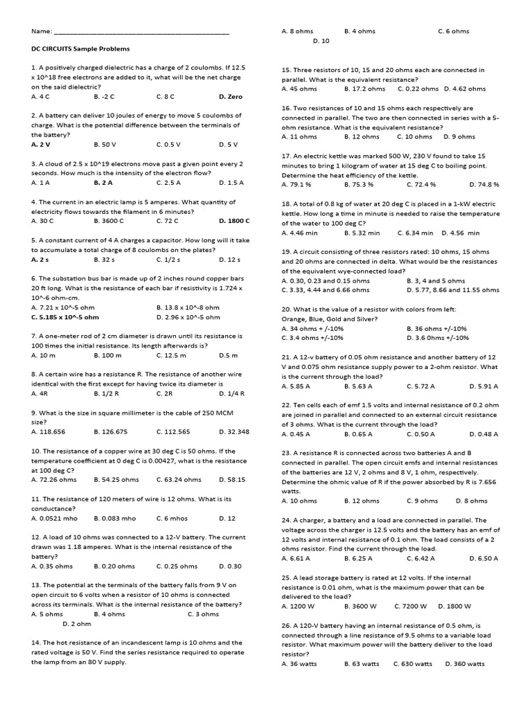 Practice Problems DC Circuits | PDF | Electrical Resistance And ...