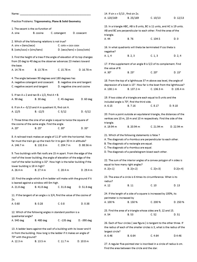 Trigonometry & Geometry Practice Problems | PDF | Trigonometric Functions | Area