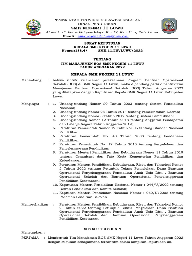 SK TIM MANAJEMEN BOS 2021 SMKN 11 Luwu | PDF