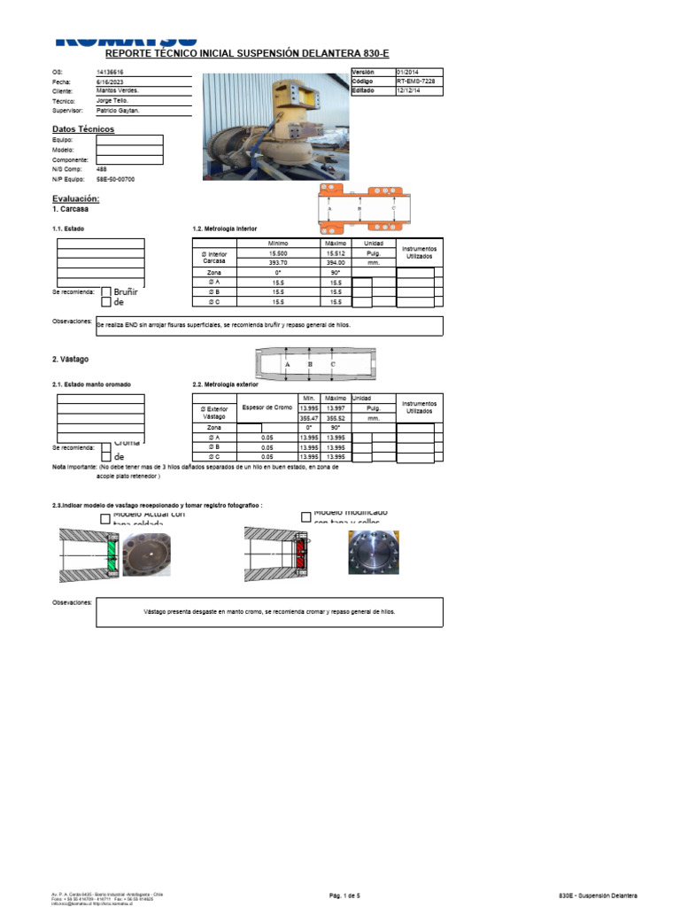Reporte Técnico Inicial Suspensión Delantera 830-E: Bruñir Dar de Baja | PDF | Vehículos