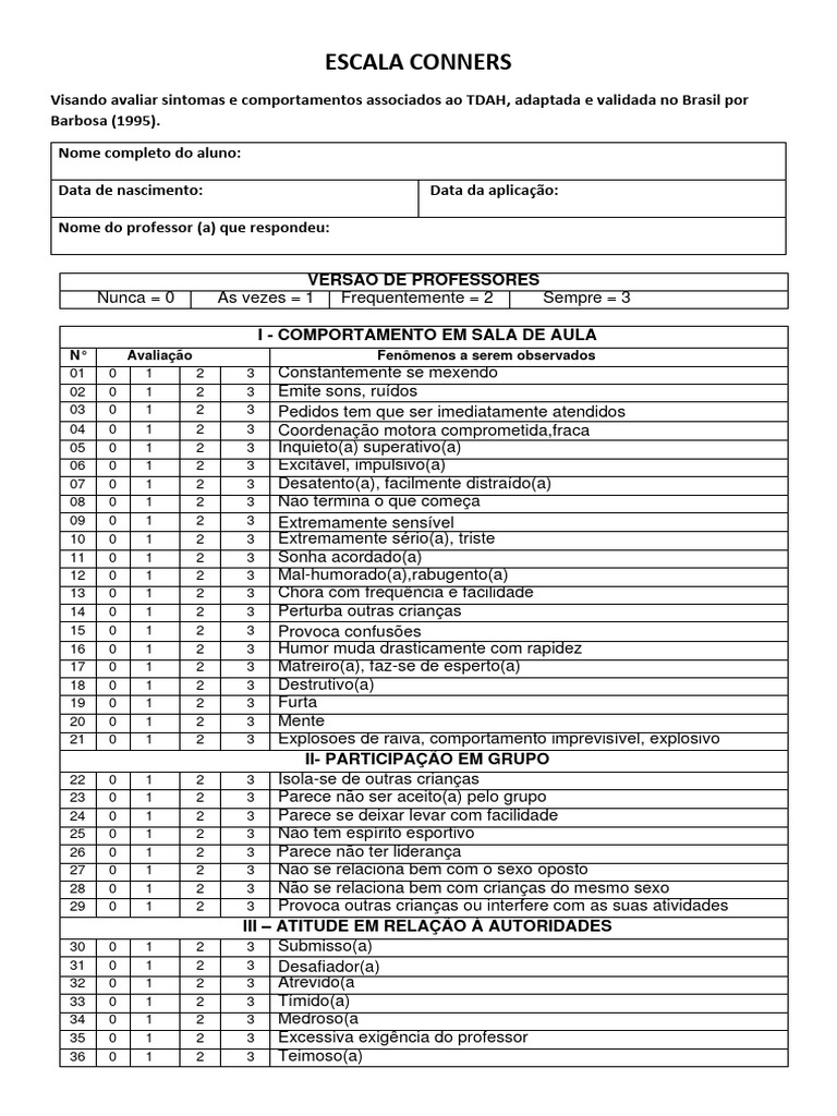 Escala Conners para Professores | PDF