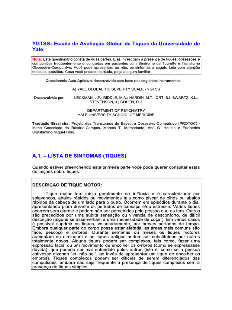 YGTSS - Escala de Avaliação Global de Tiques - Sindrome de Tourrete | PDF