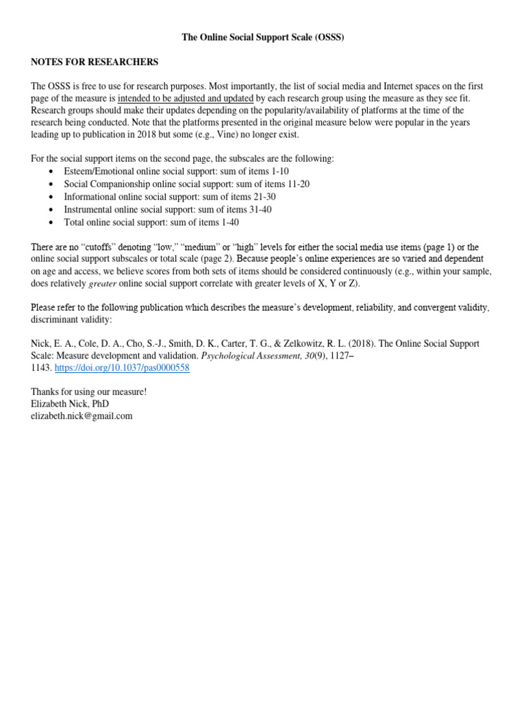 Online Social Support Scale Overview | PDF | Social Support | Validity ...