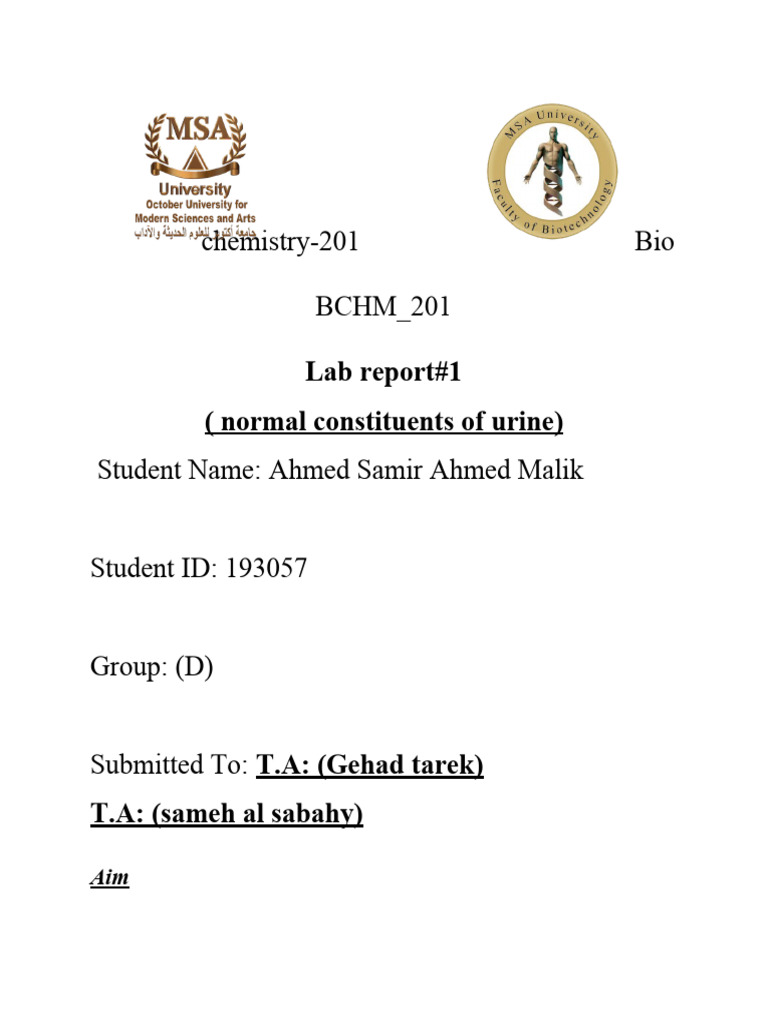 Biochemistry Lab Report One | Download Free PDF | Urine | Acid