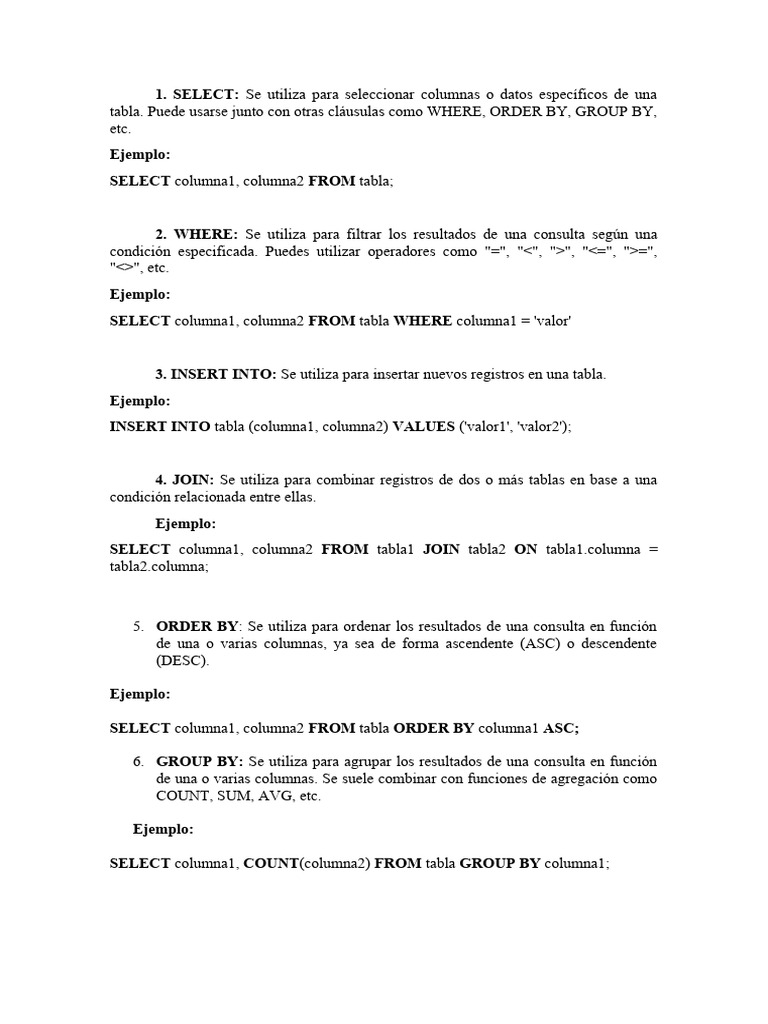 Comandos SQL Esenciales y Ejemplos | PDF | Programación de computadoras | Informática
