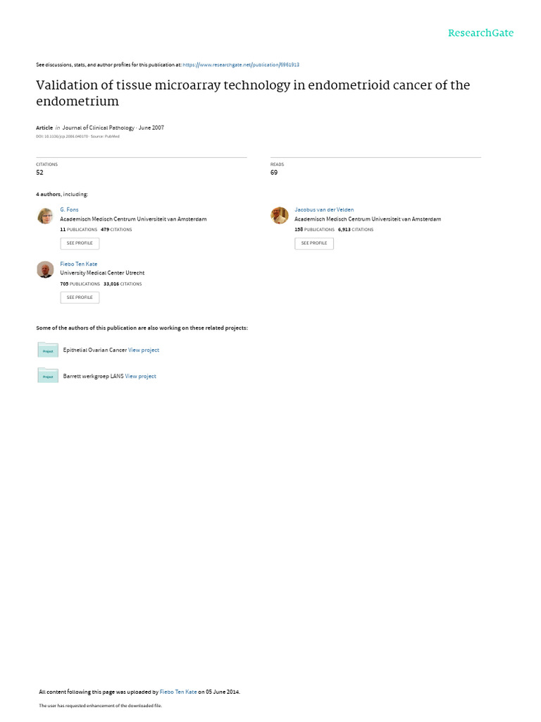 Validation Of Tissue Microarray Technology In Endometrioid Cancer Of The Endometrium Pdf
