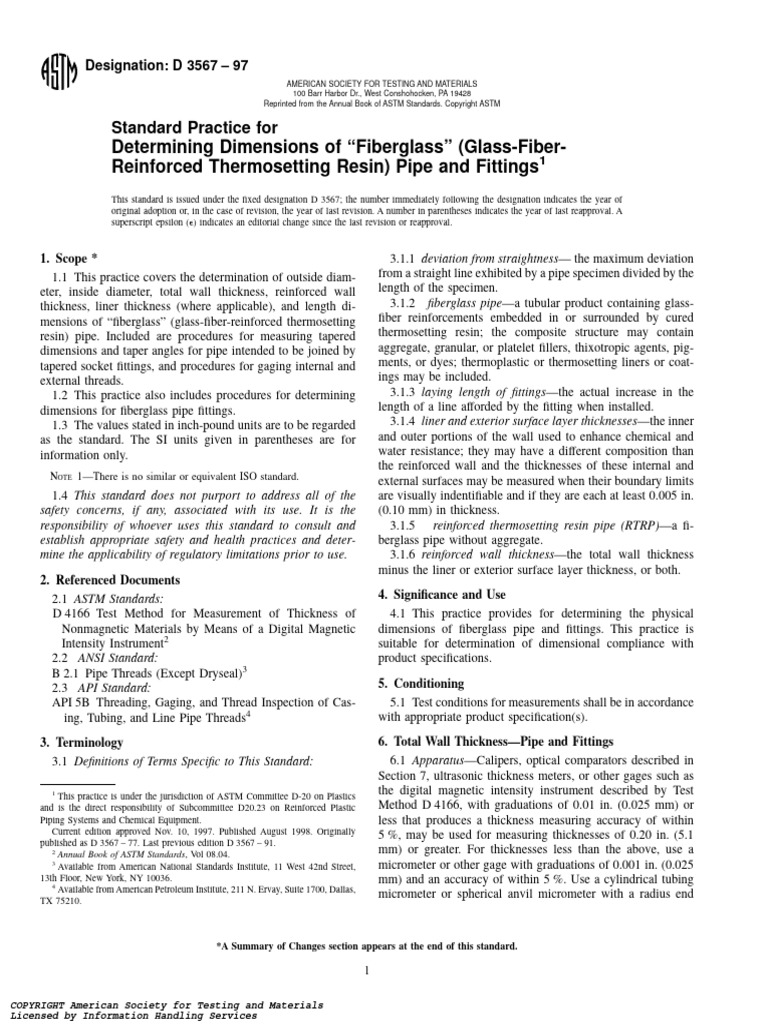 Determining Dimensions of "Fiberglass" (Glass-Fiber-Reinforced Thermosetting Resin) Pipe and ...