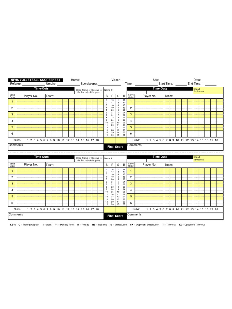 NFHS Volleyball Score Sheet | PDF | Referee | Sports