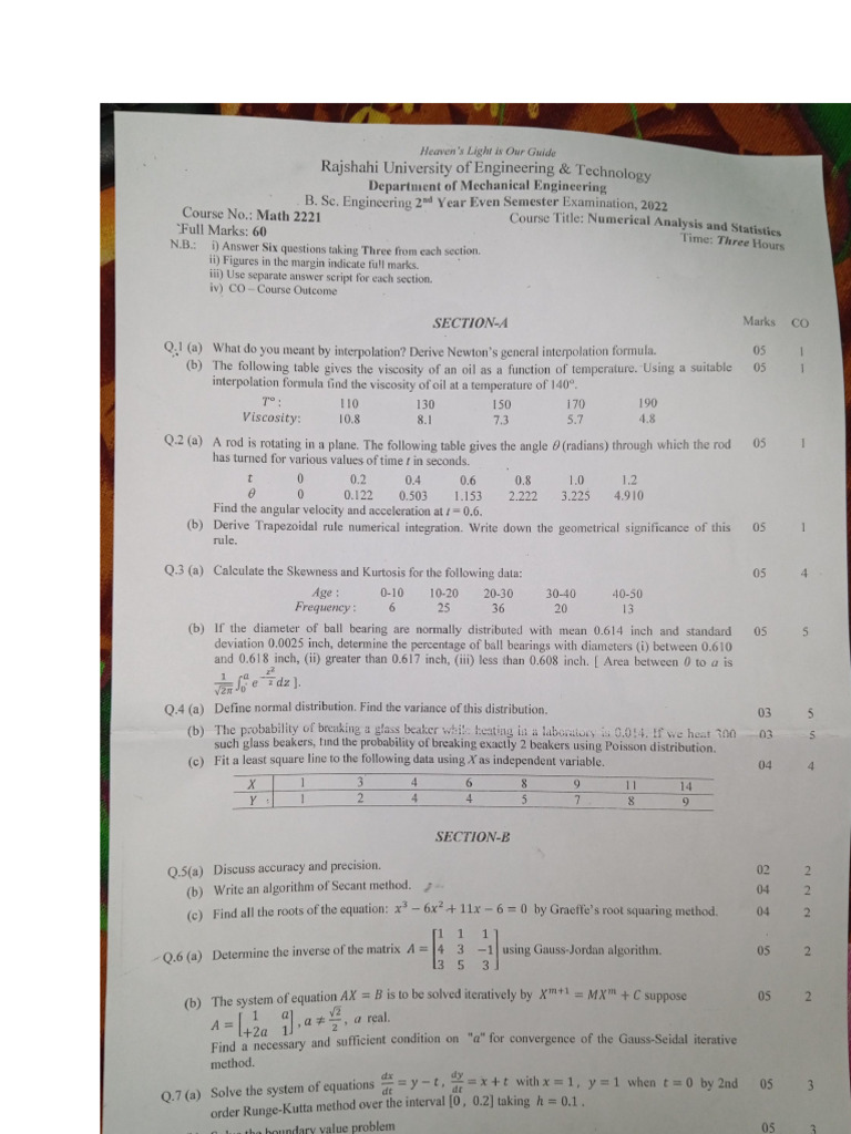 RUET ME 20 Series 2nd Year Even Semester Math Question | PDF