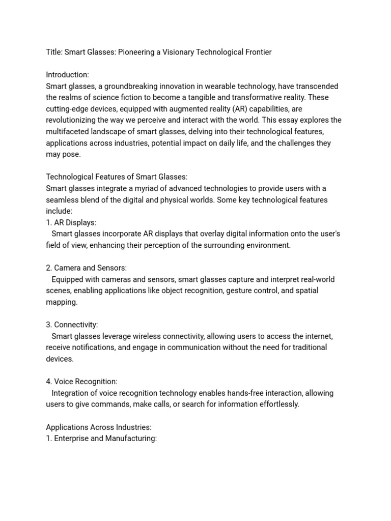 Smart Glasses - Pioneering A Visionary Technological Frontier | PDF ...