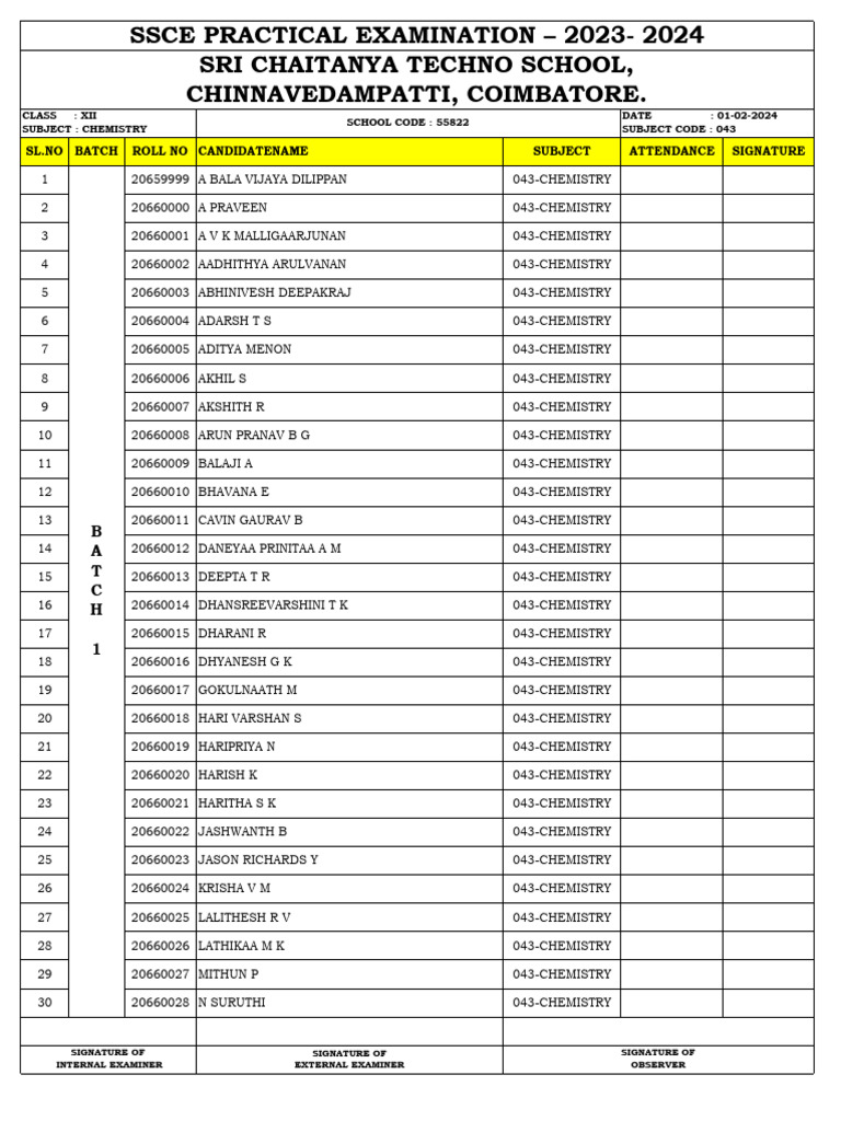 2022-2024 Batch Class Xii Chemistry Attendance Sheet | PDF