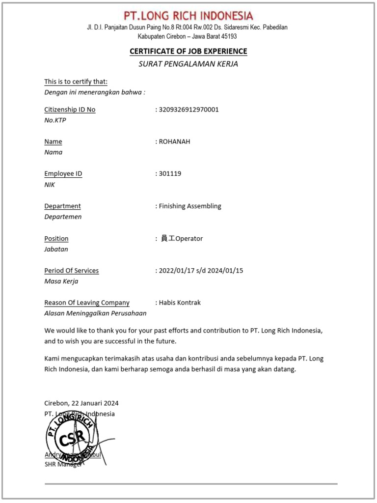 Surat Pengalaman Kerja PT Long Rich | PDF