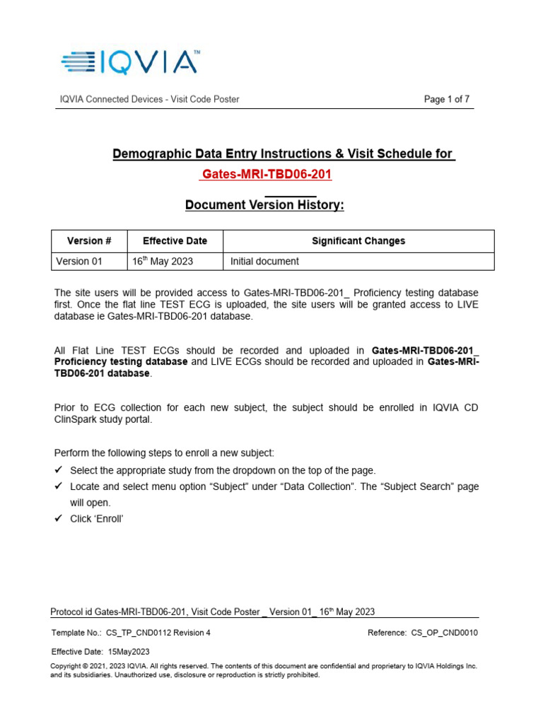 Protocol Id Gates-MRI-TBD06-201, Visit Code Poster - Version 01 - 16th ...
