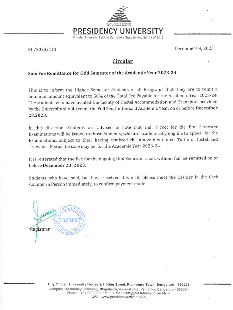 Circular (PU2023111) - Fee Remittance For Odd Semester of The Academic Year 2023-24 | PDF