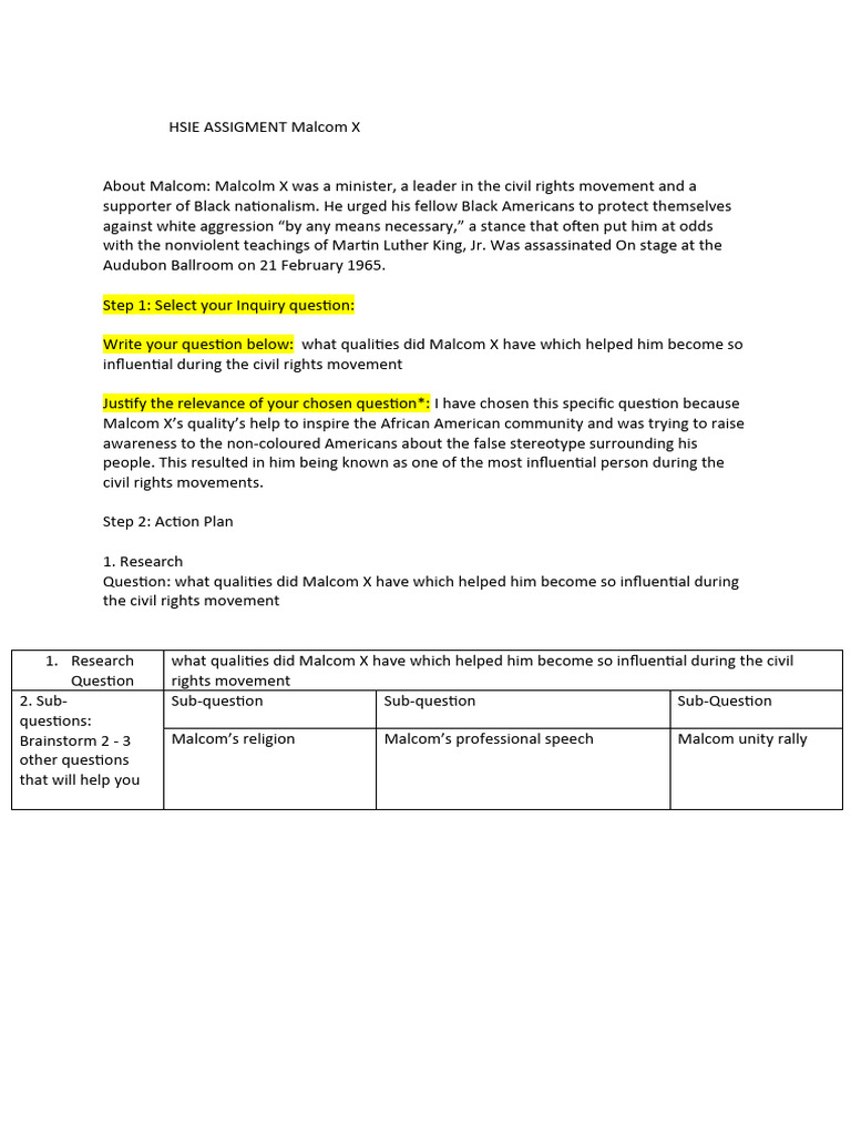 HSIE ASSIGMENT Malcom X | PDF | Malcolm X