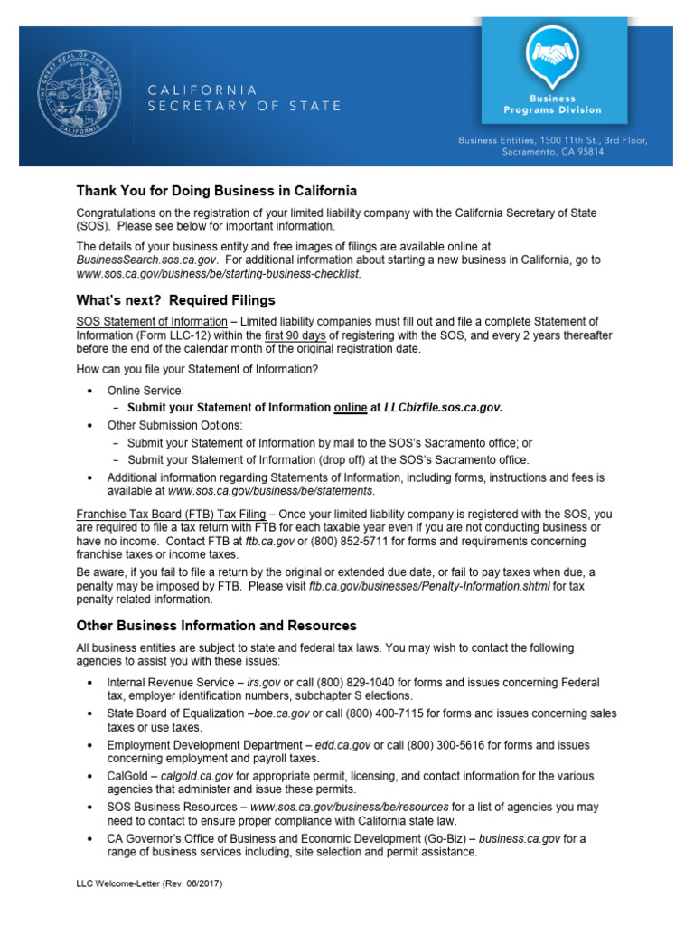 SOS Welcome Letter | PDF | Taxes | Limited Liability Company