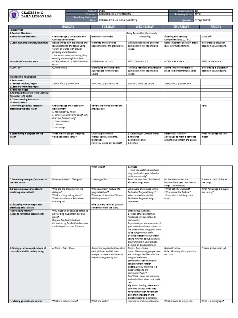 DLL - MTB 3 - Q3 - W2 | PDF | Reading Comprehension | Human Communication
