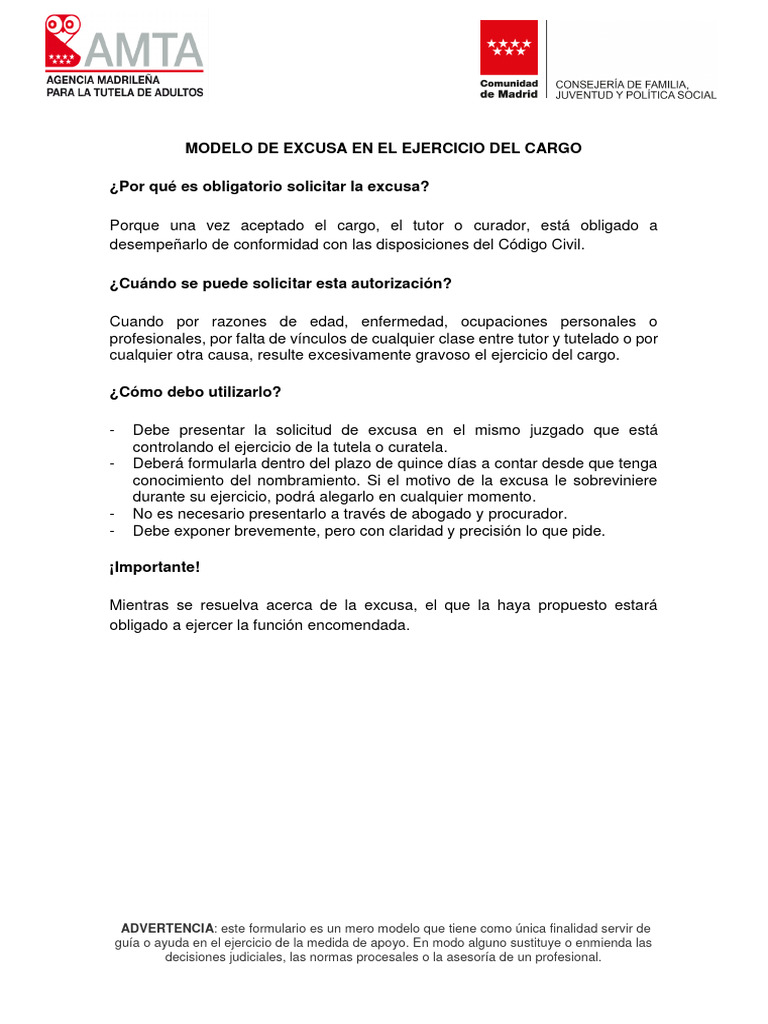Modelo Excusa | Descargar gratis PDF | Guardián legal | Gobierno