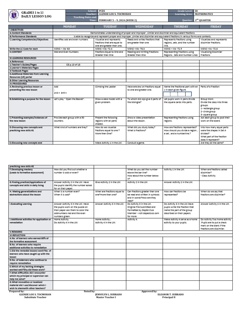 Dll Mathematics 3 q3 w2 | PDF | Learning | Cognitive Science