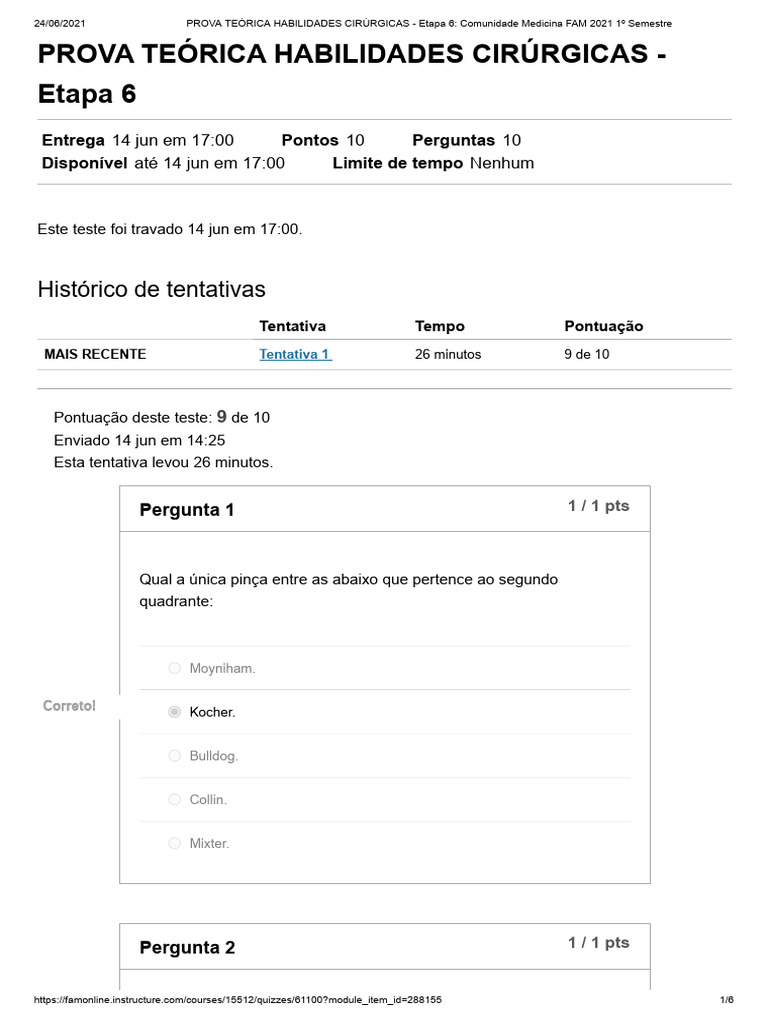 PROVA TEÓRICA HABILIDADES CIRÚRGICAS - Etapa 6 - Comunidade Medicina FAM 2021 1º Semestre-2 ...