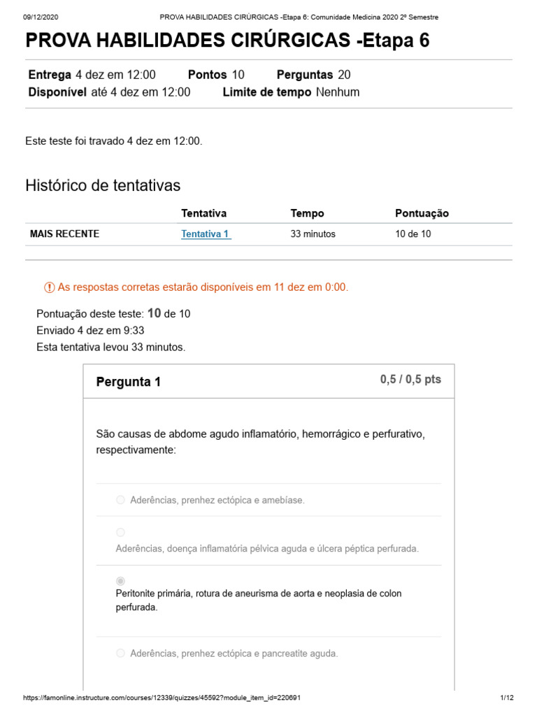 PROVA HABILIDADES CIRÚRGICAS - Etapa 6 - Comunidade Medicina 2020 2º Semestre | PDF ...