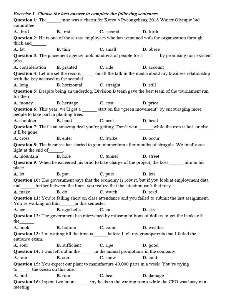 Exercise 1: Choose The Best Answer To Complete The Following Sentences | PDF