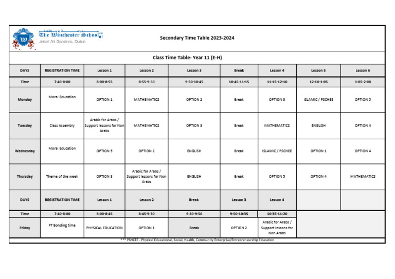 Year 11 Class Time Table | PDF