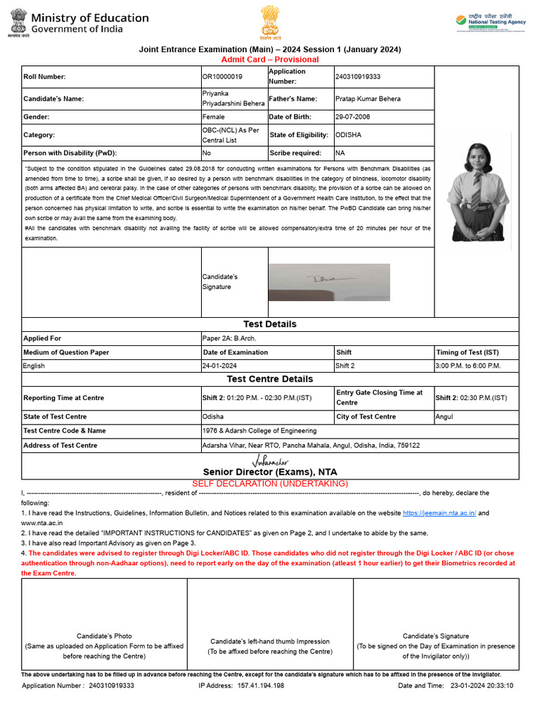 Admit Card Jee B.arch 202 | PDF | Identity Document