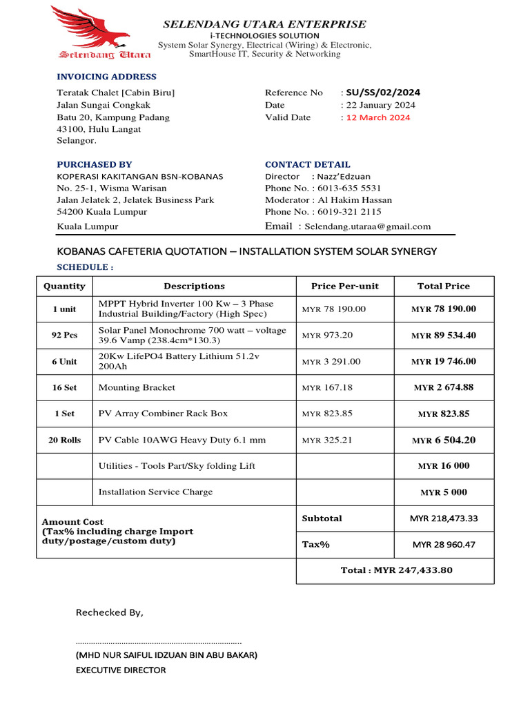 Contoh - Quotation Solar Synergy Installation | PDF | Sustainable ...